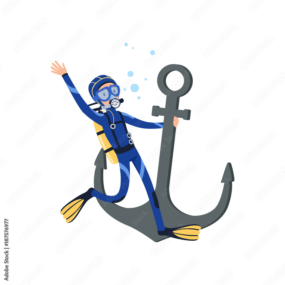 Diver holding onto large old anchor. Underwater adventure. Cartoon man ...