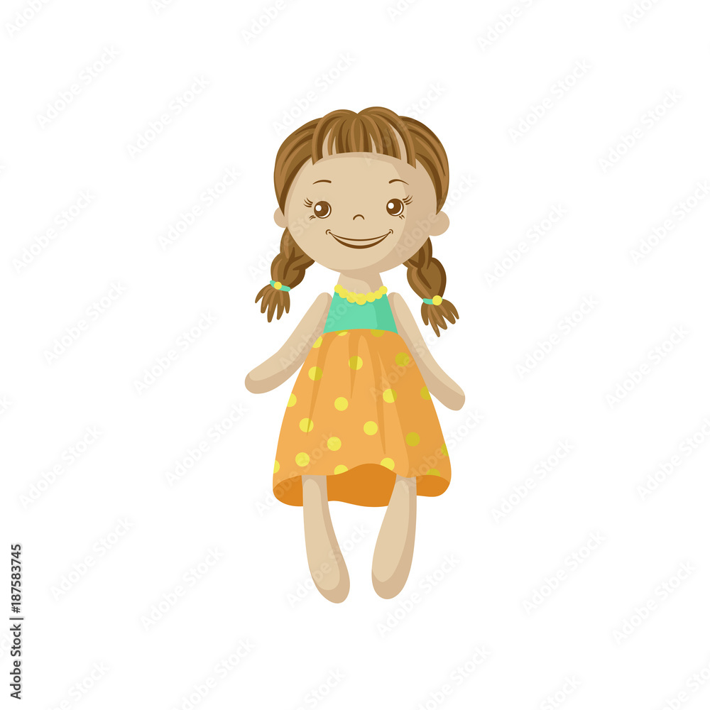 Cute smiing soft doll with braids, sewing toy cartoon vector ...
