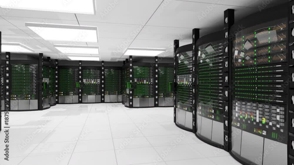 Modern working server room with rack servers. Cloud computing in ...