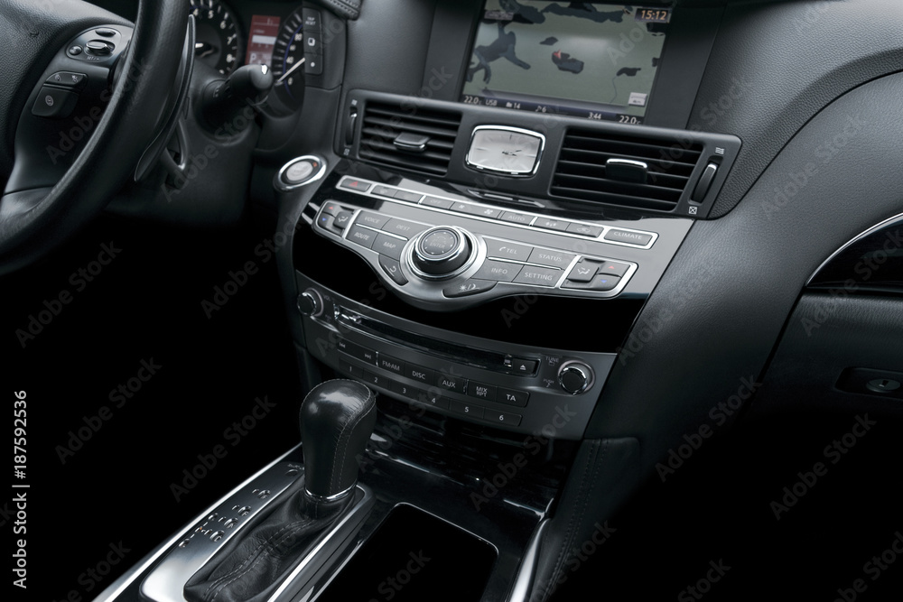 Luxury car inside. Interior of prestige modern car. Automatic ...
