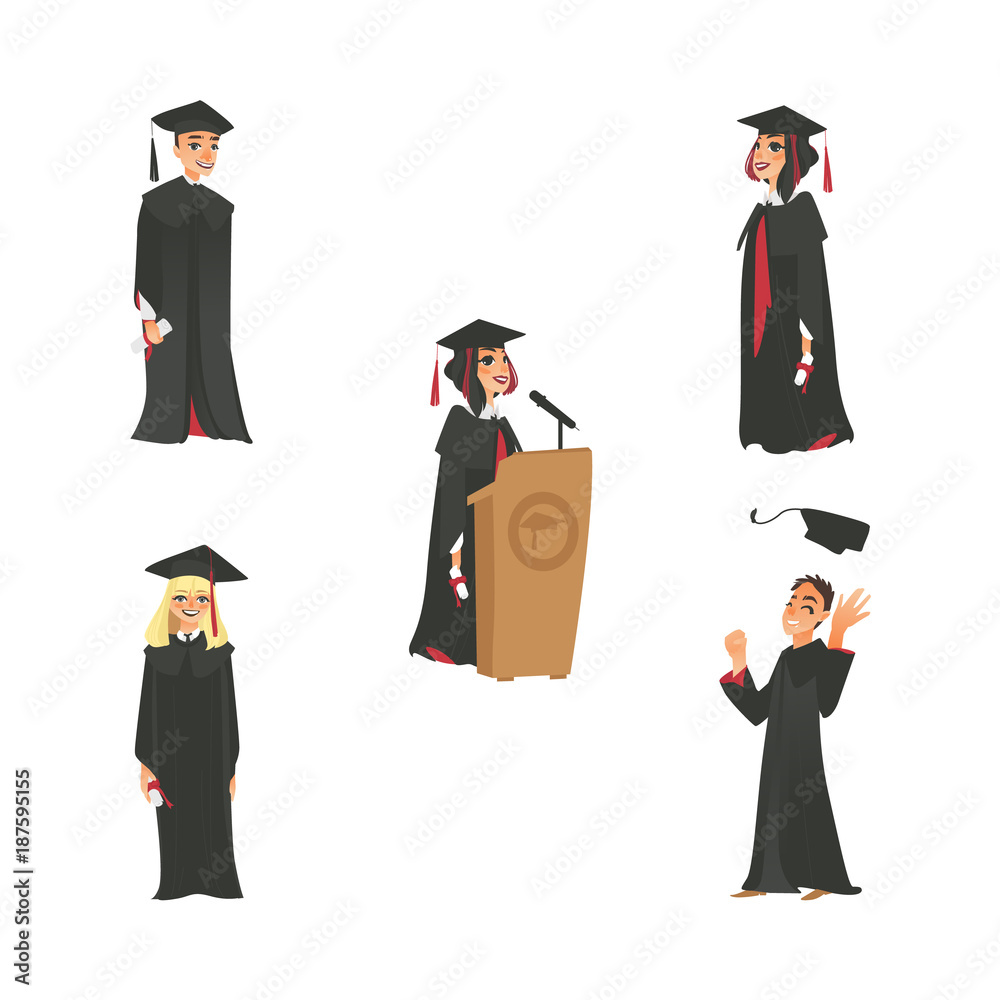 vector flat cartoon male, female college, university happy graduate ...