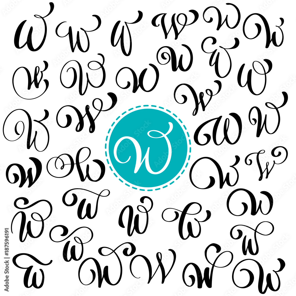 Set of Hand drawn vector calligraphy letter W. Script font. Isolated ...