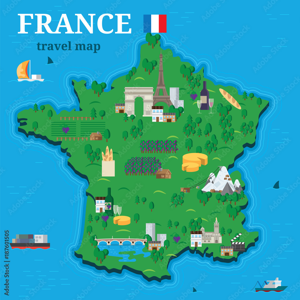France map for traveler with local tourist attractions vector design ...