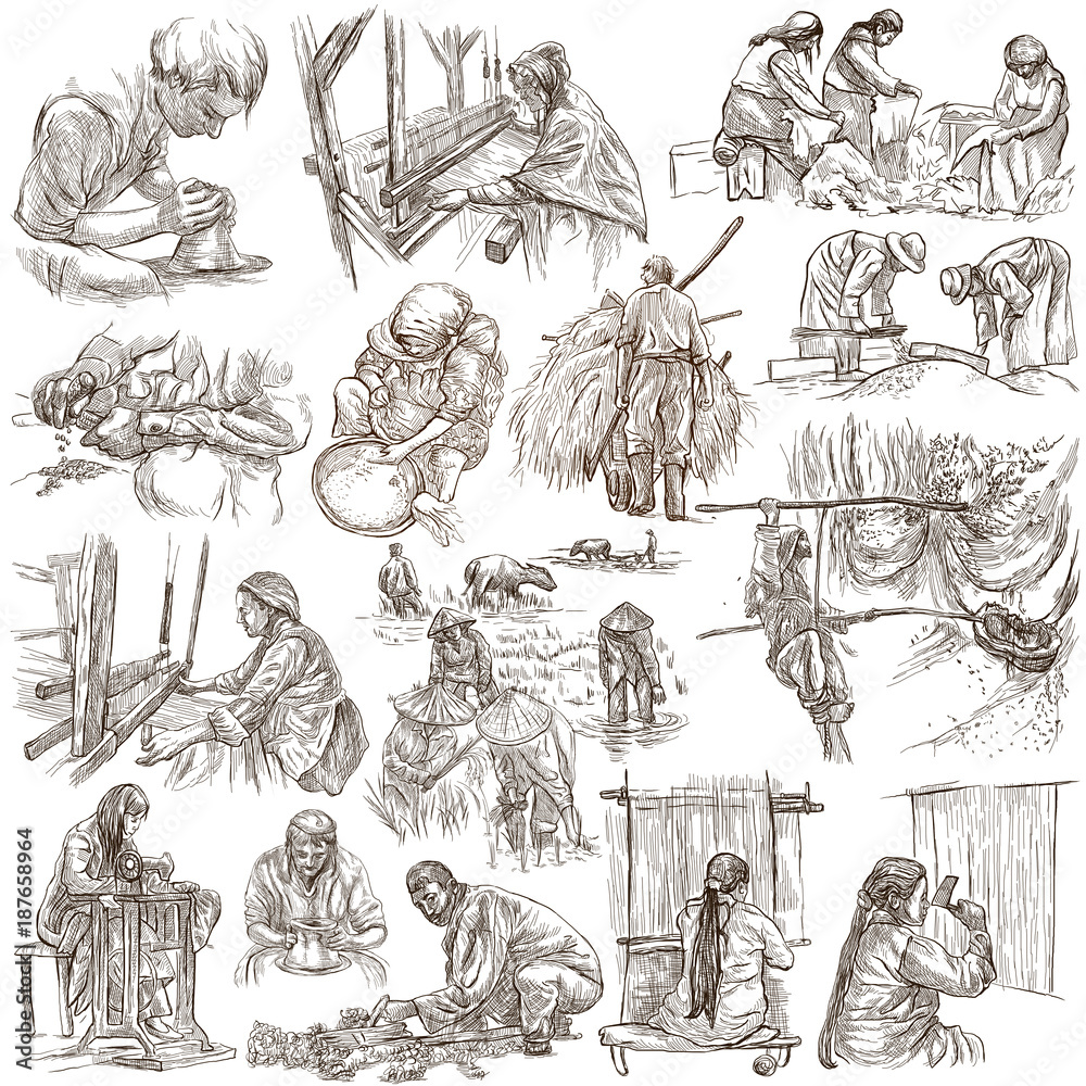 Working class heroes - an hand drawn collection. Line art technique on ...