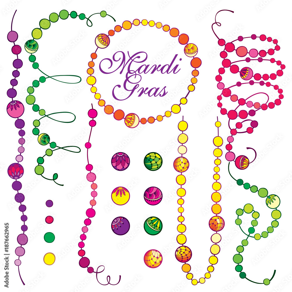 Vector set with outline Mardi Gras beads in green, purple and yellow ...