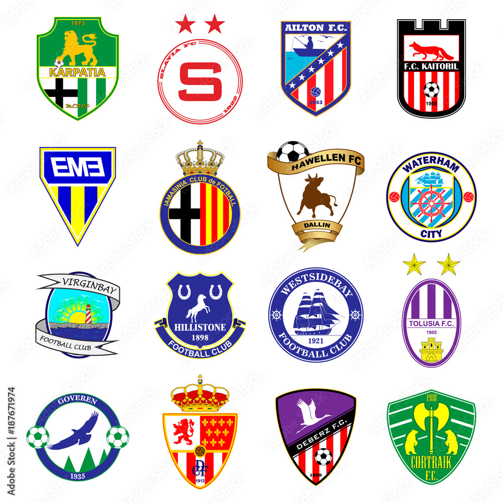 Football team logo. Set. Fictitious football league. 16 different ...