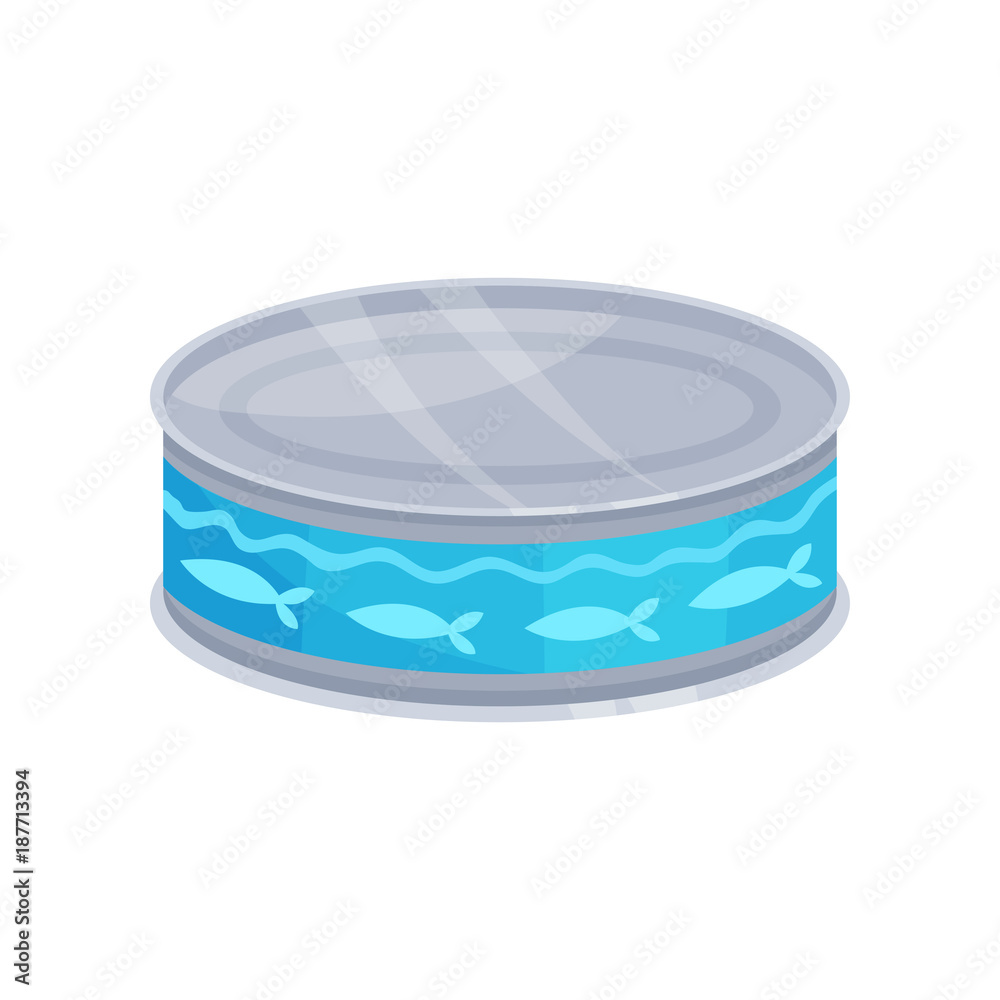 Canned fish, tinned food in a blue metal can cartoon vector ...