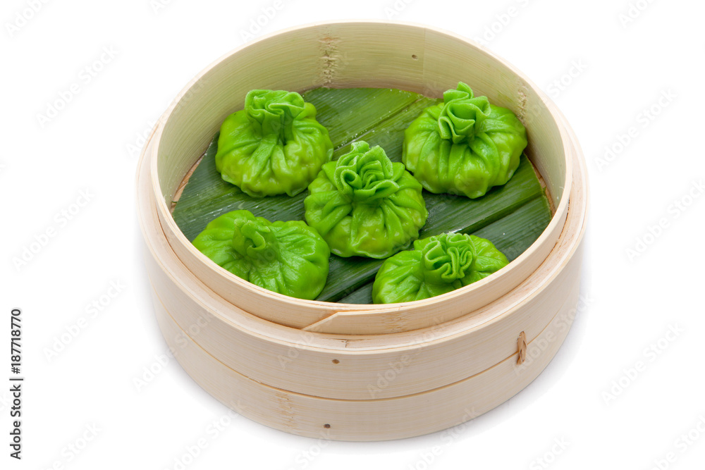 Timsum in bamboo bowl with isolated white background is a Chinese food ...