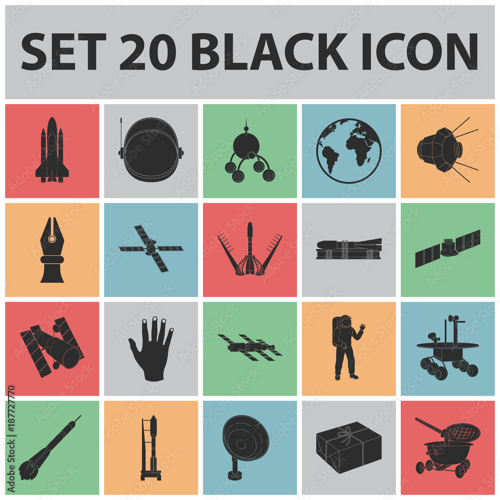 Space technology black icons in set collection for design.Spacecraft ...