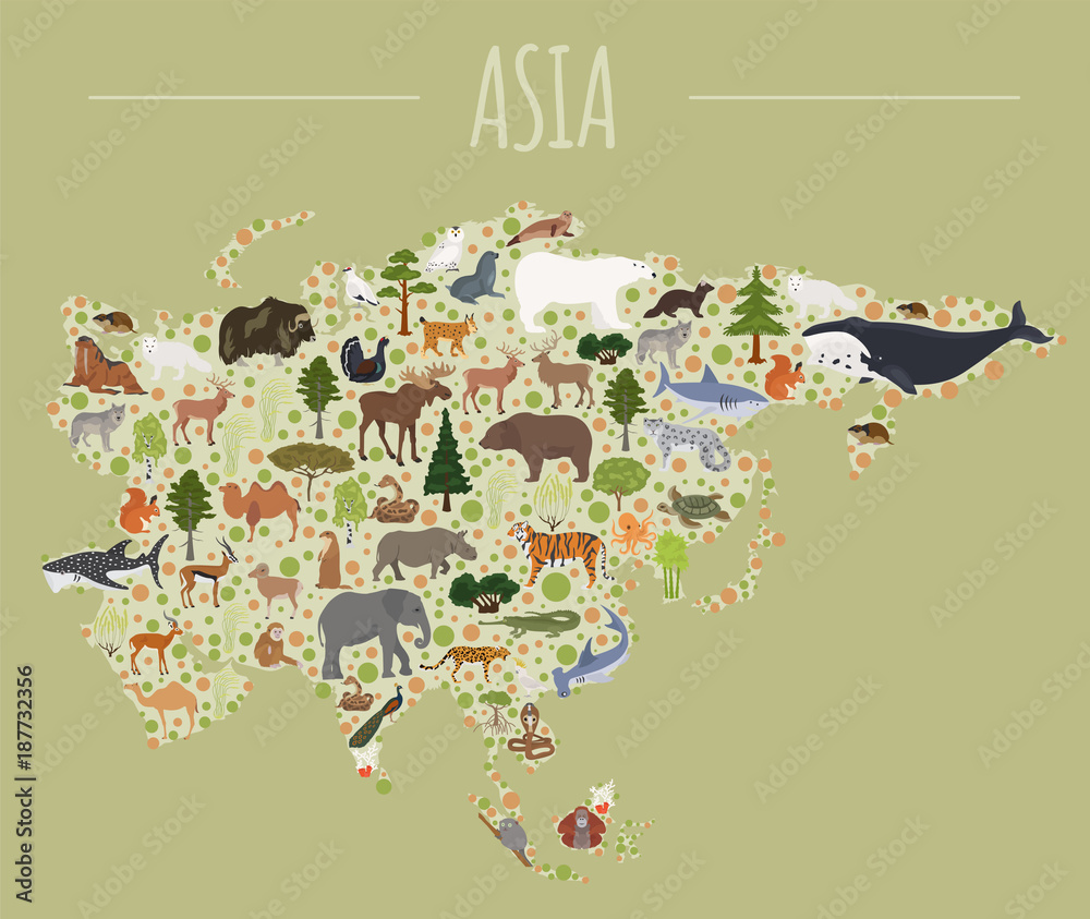 Flat Asian flora and fauna map constructor elements. Animals, birds and ...