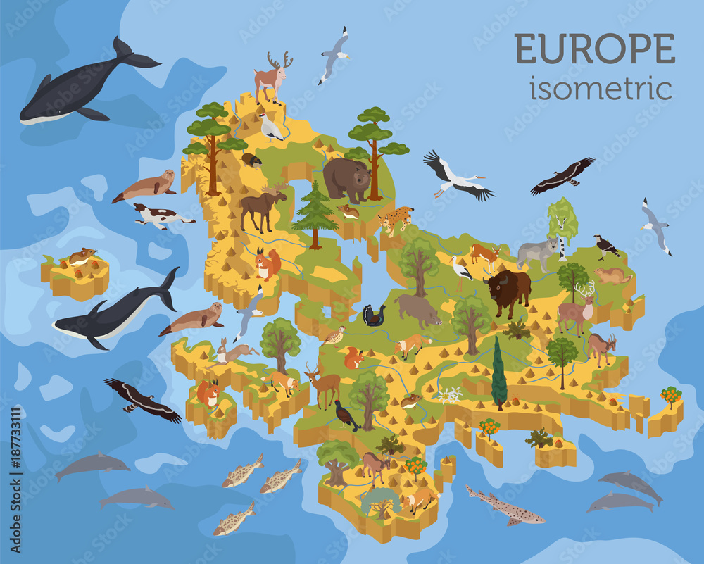 Isometric 3d European flora and fauna map constructor elements. Animals ...