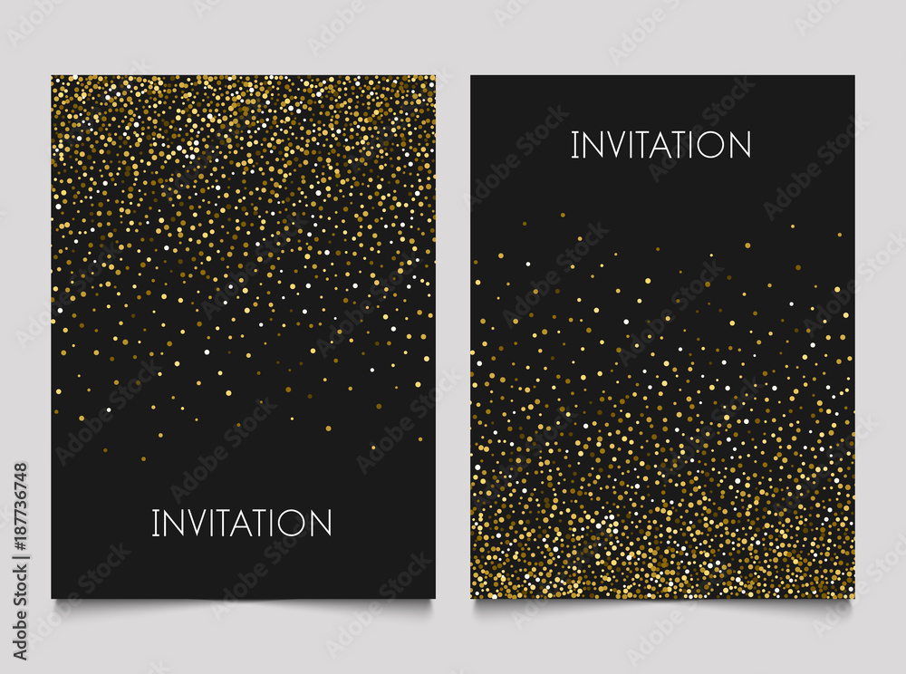 Gold glitter design invitation template. Golden background luxury dust ...