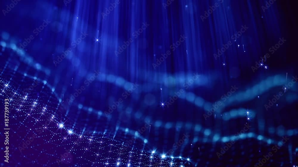 loopable abstract particle background with depth of field, glow sparkles of lights and digital ...