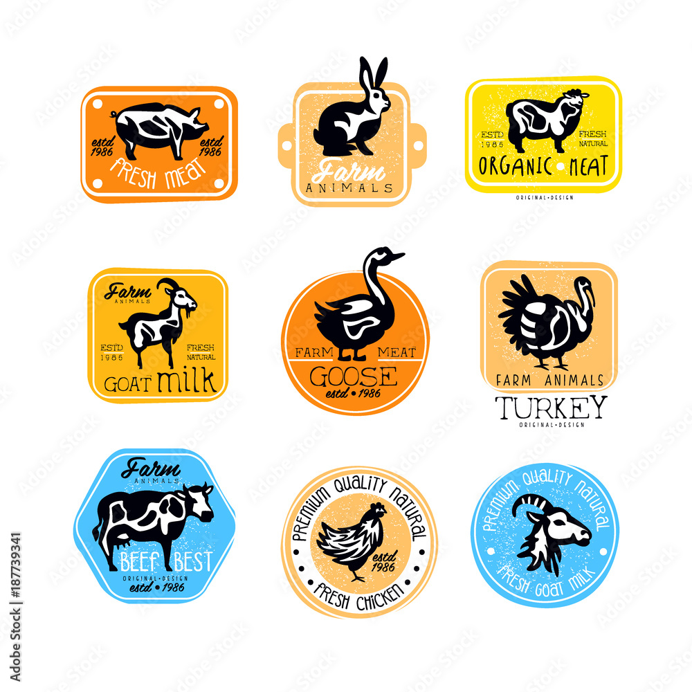 Set of retro labels for dairy and natural meat products. Butcher shop ...