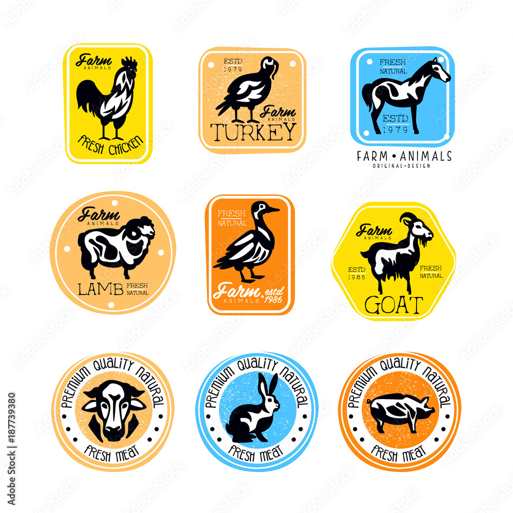Vector set of vintage meat store labels. Logos with silhouettes of farm ... Vector set of vintage meat store labels. Logos with silhouettes of farm ...