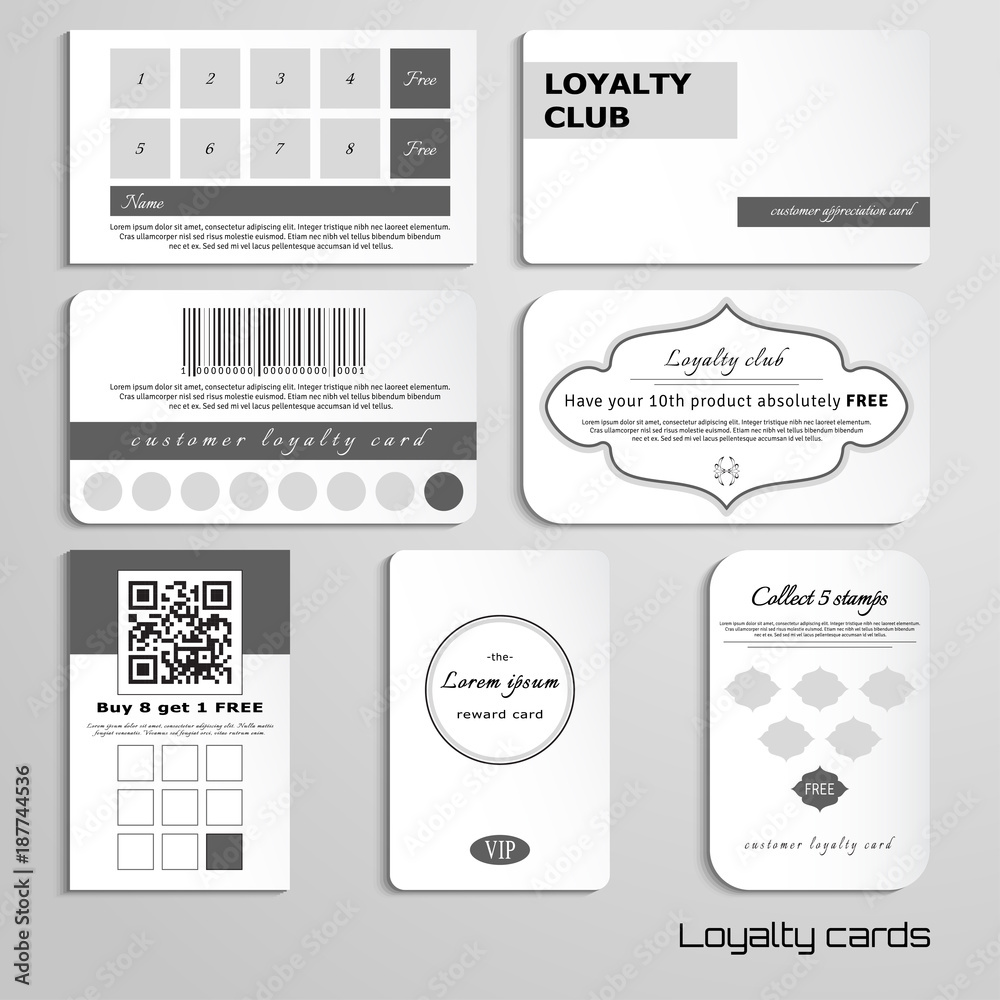Set of loyalty cards. The basic design in black and white colors ...