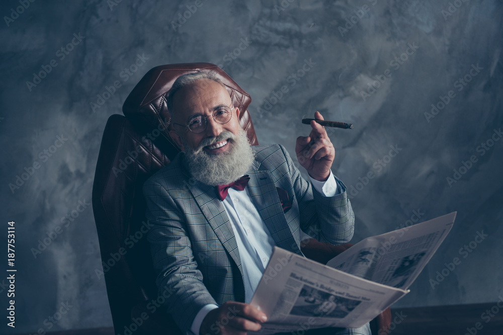 Attractive, handsome, rich, old, smiling investor in spectacules, suit ...