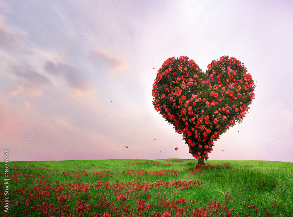 Tree of love in spring. Red heart shaped tree at sunset. Beautiful ...
