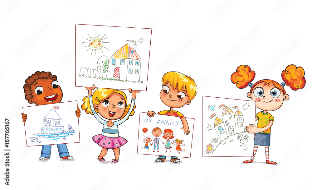 Cute kids show their drawings drawn Stock Vector | Adobe Stock