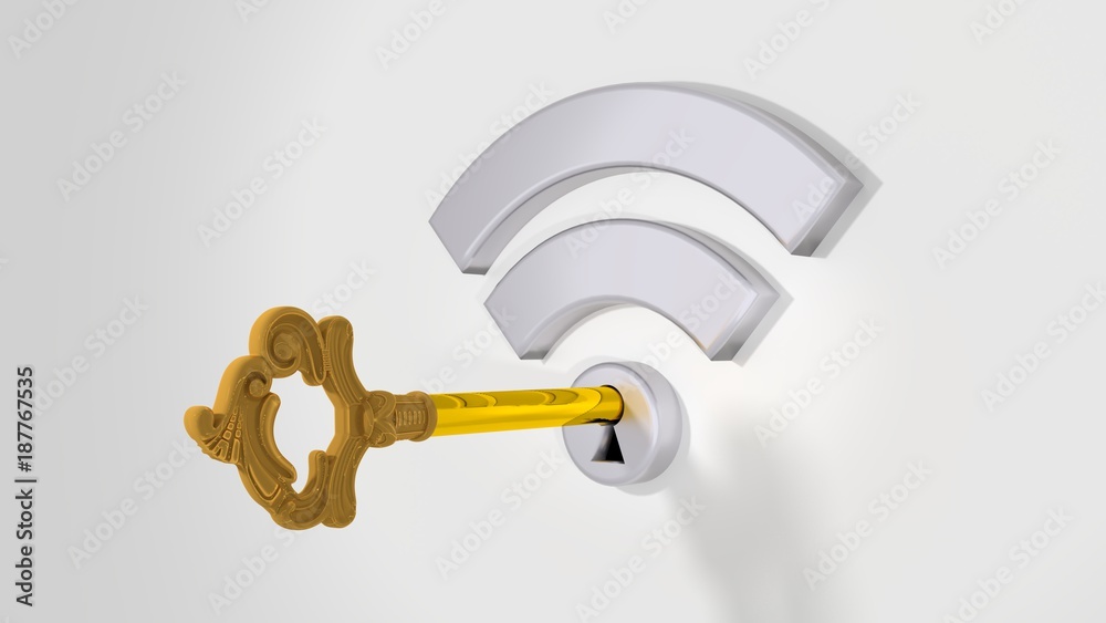 Grey wifi symbol with a keyhole on a white wall and a golden key Stock ...