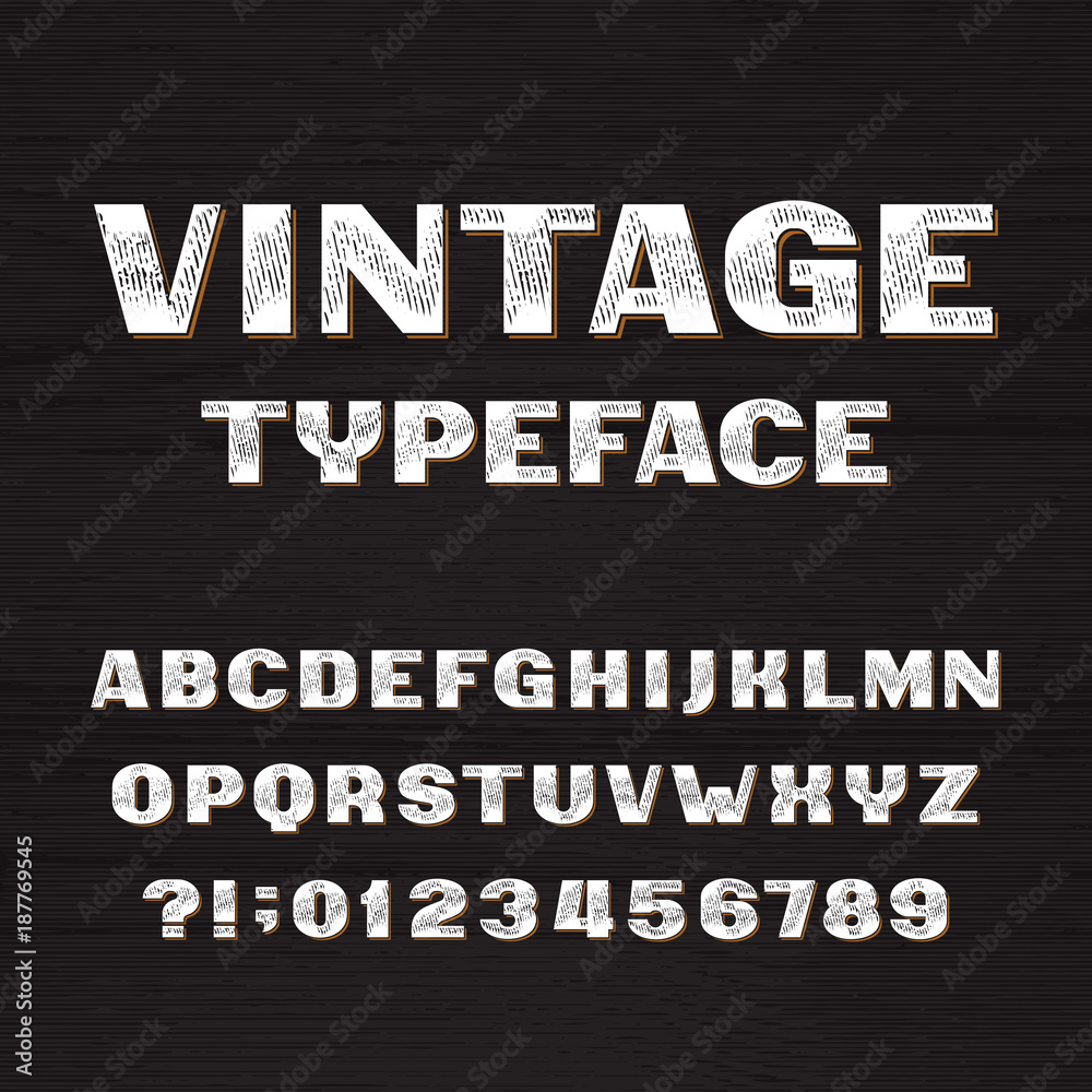Vintage typeface. Retro alphabet font. Type letters and numbers on a ...