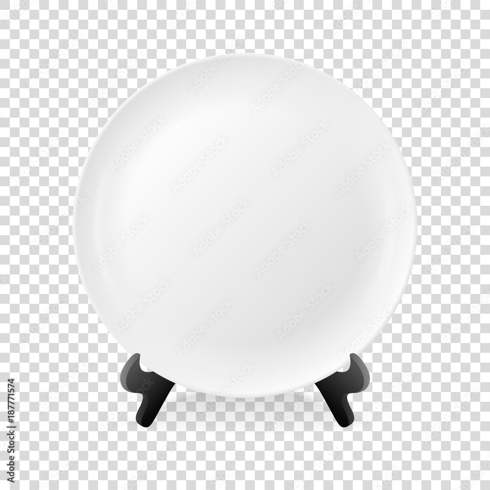 Realistic vector white food empty plate icon on a stand closeup ...
