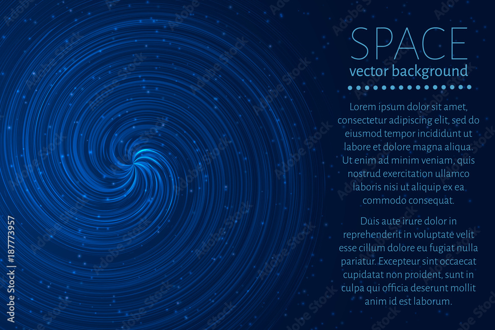 Dark blue wavy space background. Glowing spiral cosmic banner with ...