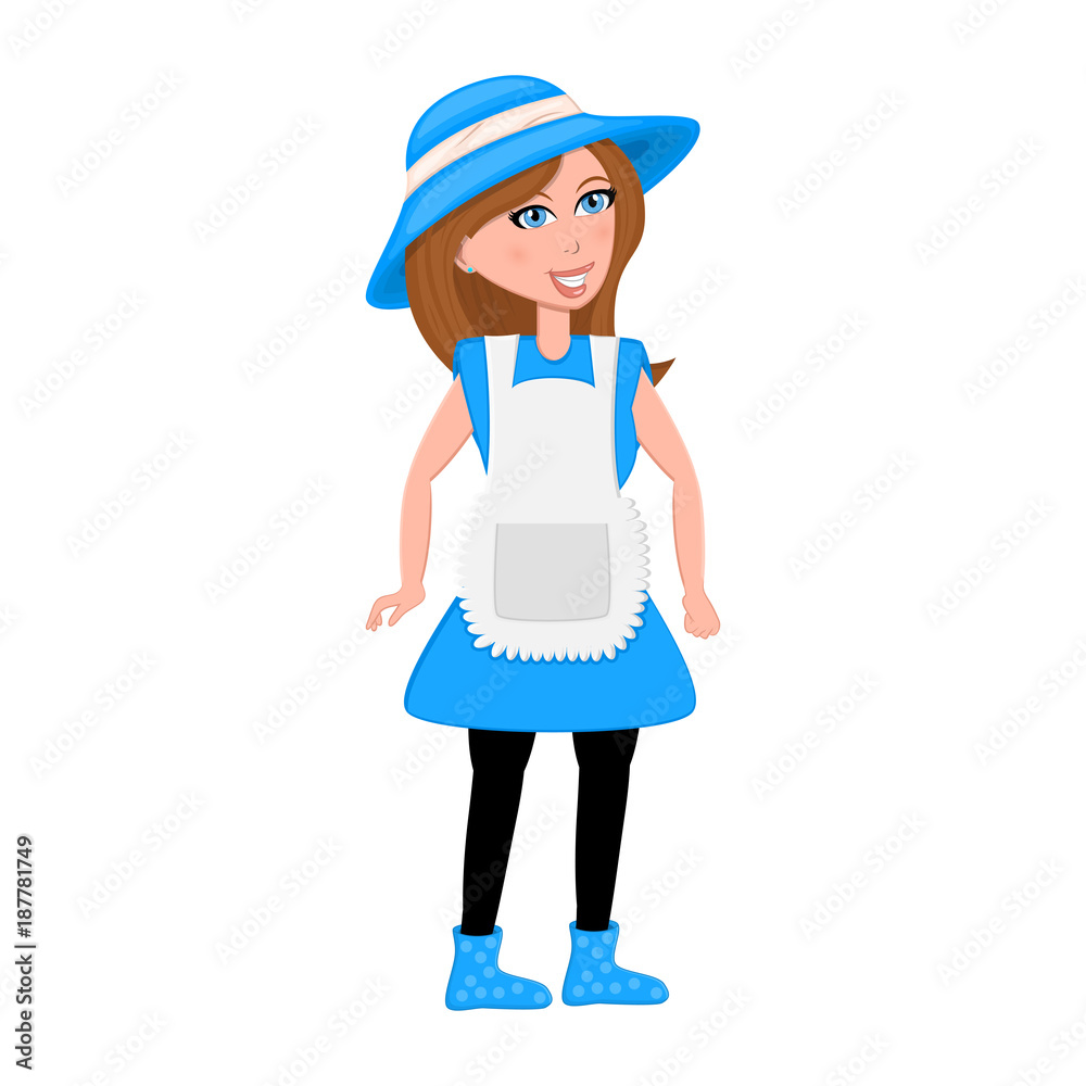 cartoon character woman in blue dress and hat isolated on white ...
