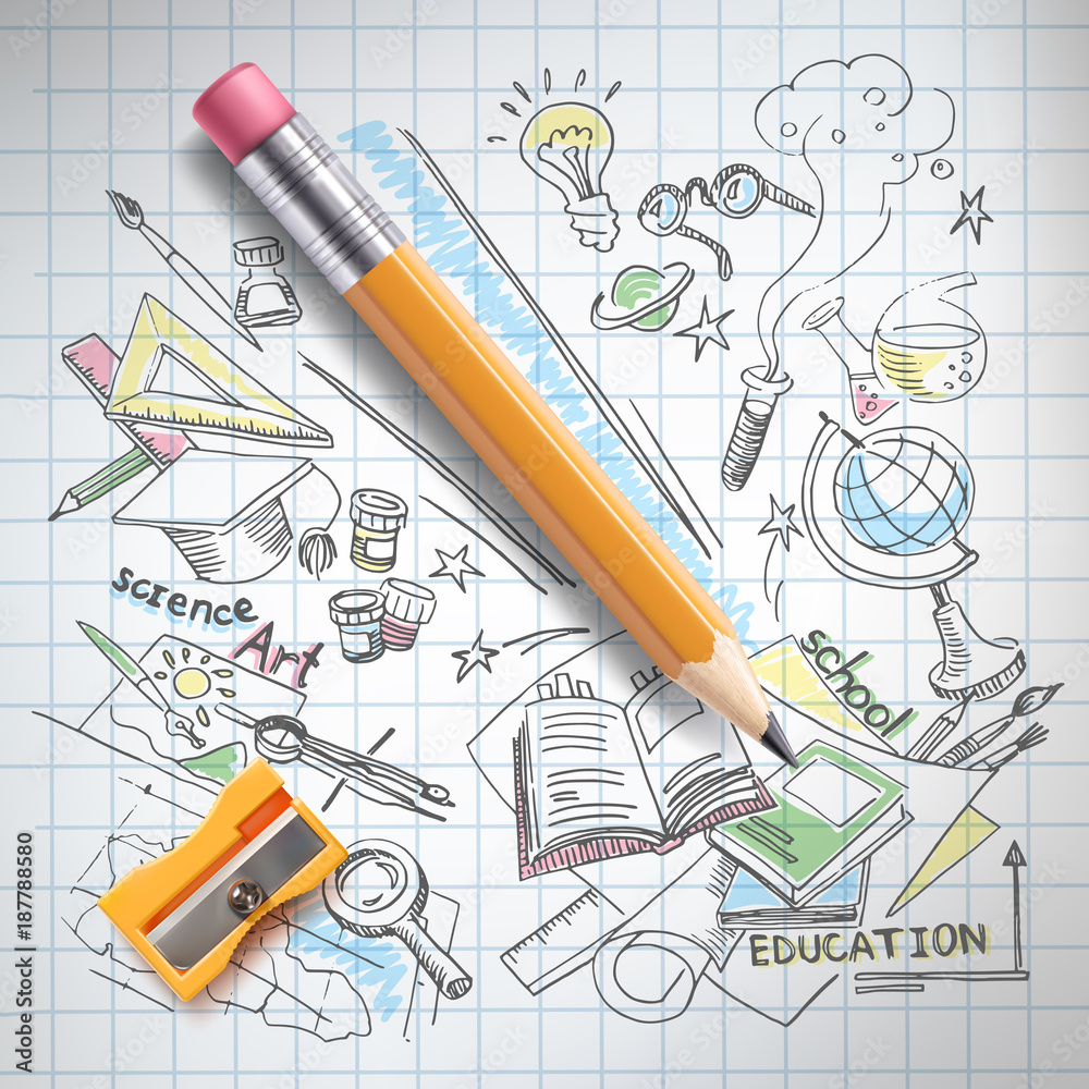 Vector realistic pencil, sharpener on notebook paper with colored ...