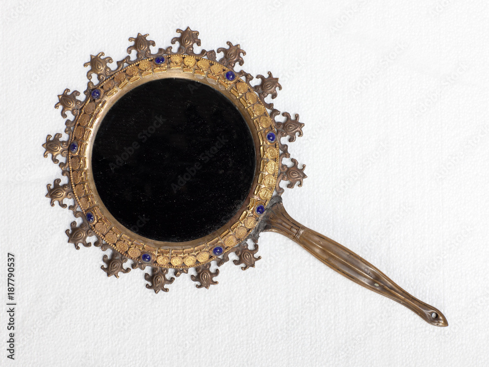 Gold colour bejeweled glass hand mirror, white background Stock Photo ...