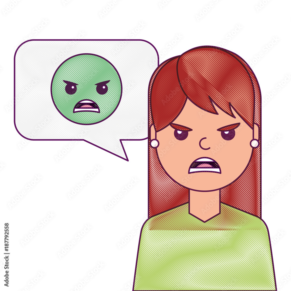 young woman with angry emoticon in speech bubble vector illustration ...