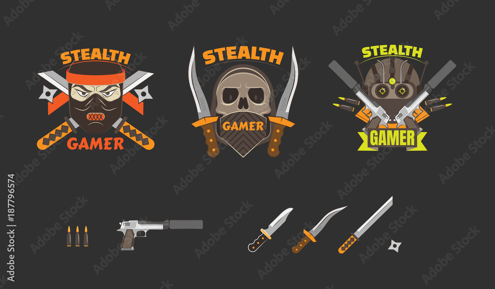 Stealth Gaming logo badges collection and various guns set. Flat vector ...