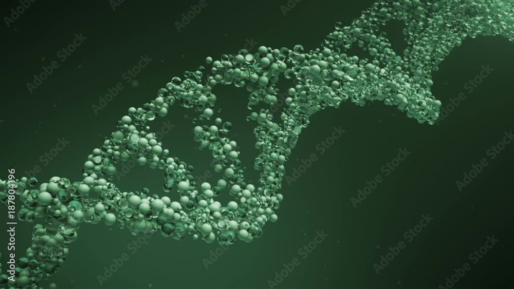 DNA glass cells molecule structure.DNA chain rotation.Green.Particles ...