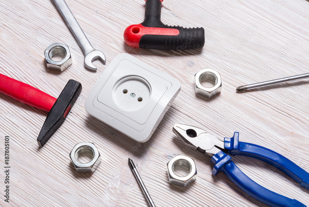 Electician working desk, Electric switch, tools, screwdriver and socket ...