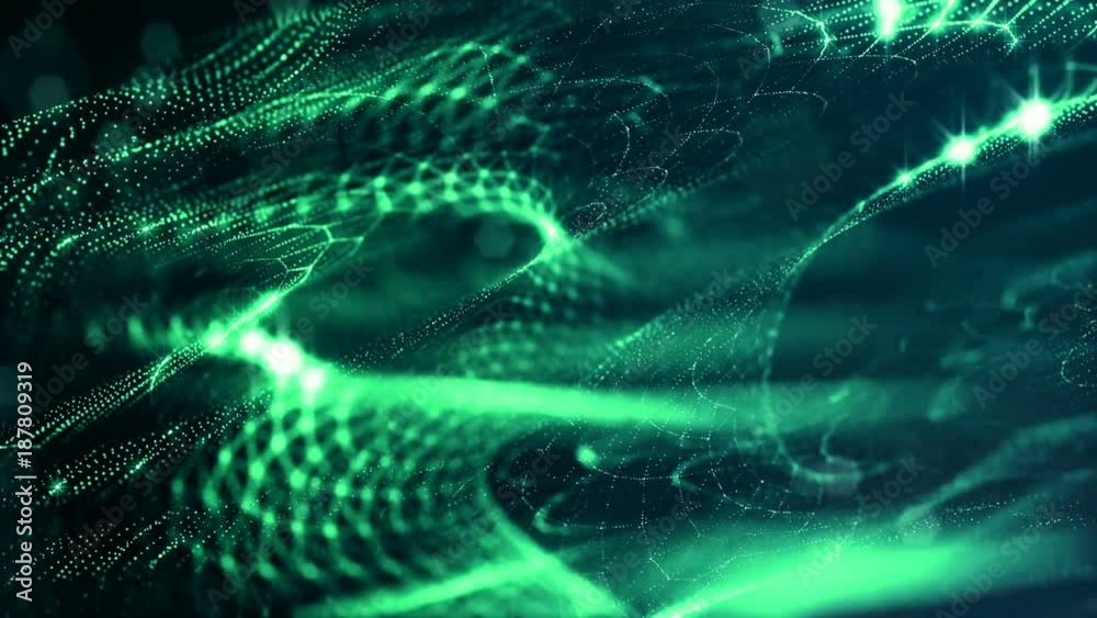 greem loopable abstract particle background with depth of field, glow sparkles of lights and ...