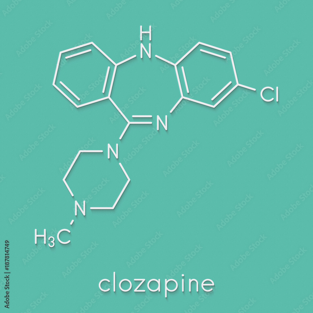 Clozapine atypical antipsychotic drug molecule. Neuroleptic medicine ...