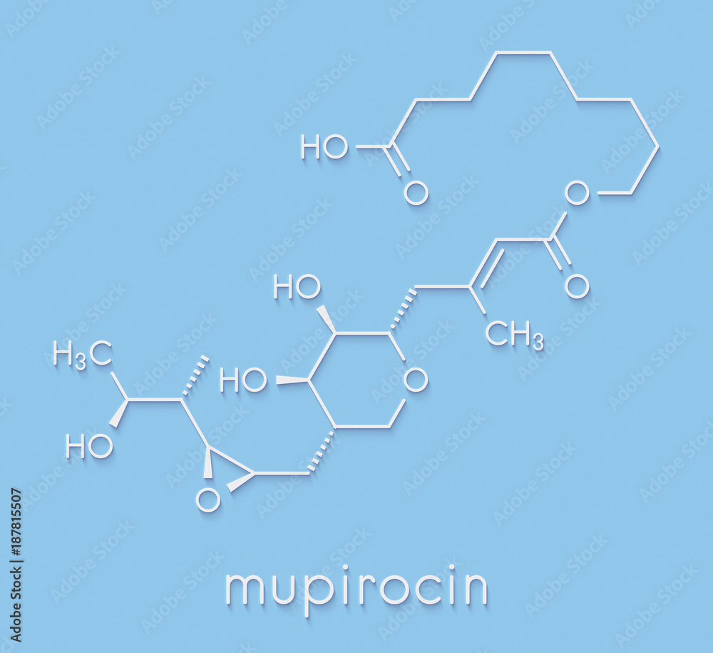 Mupirocin (pseudomonic acid) antibiotic drug molecule. Used topically ...
