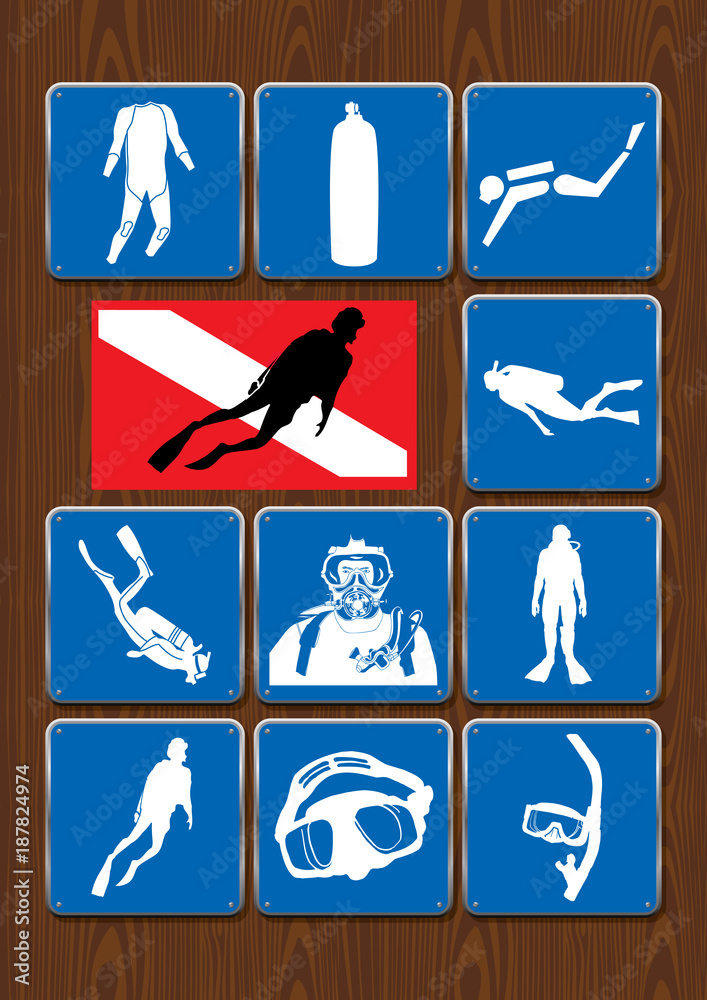 Set of icons of outdoor activities: diver, diving, diving mask, snorkel ...