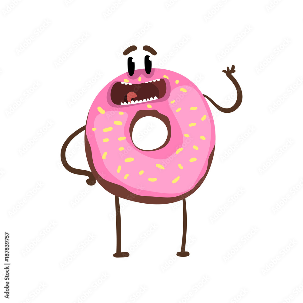 Delicious donut standing and waving hand. Cartoon character of vanilla ...