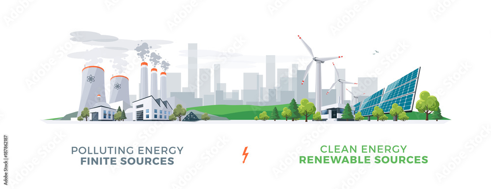 Vector illustration showing clean and polluting electricity generation ...