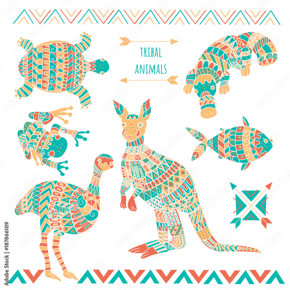 Stylized tribal animals isolated on white background. Set of cute ...