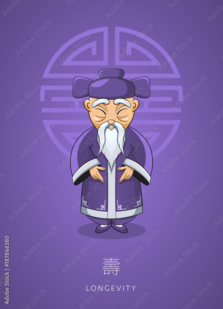 Cartoon hand drawn Asian wise old man in traditional clothes on ...
