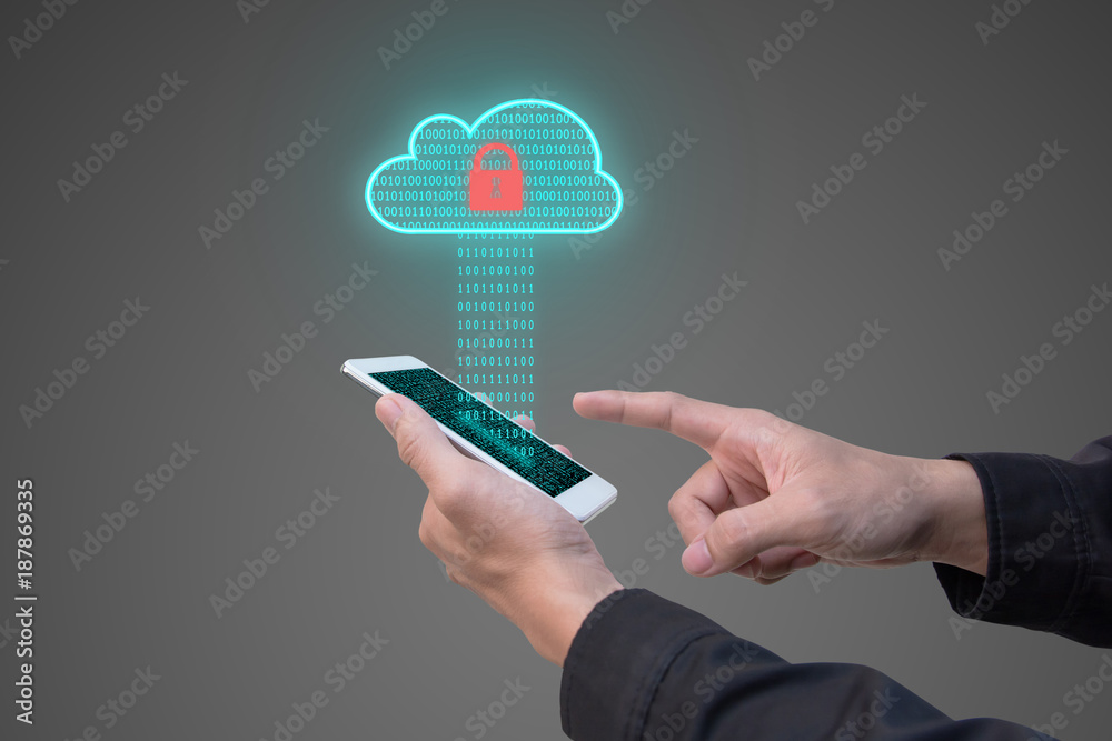 Foto de Cloud storage concept, hand holding smart phone and touch ...