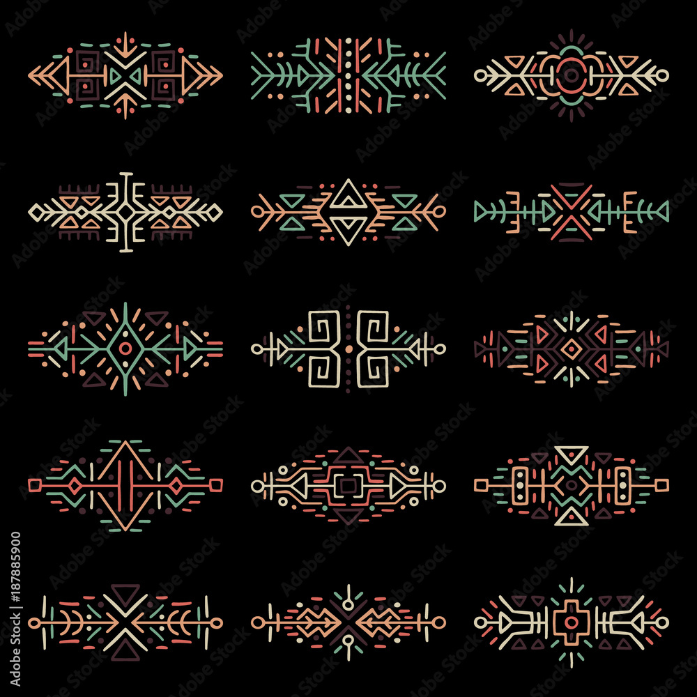 Vetor de Collection of Hand Drawn Borders in Ethnic Style. Aztec art ...