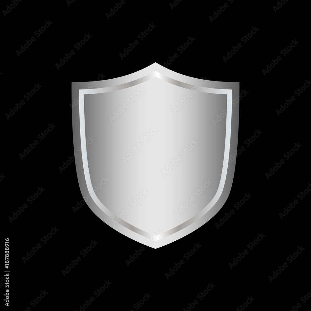 Silver shield shape icon. 3D gray emblem sign isolated on black ...