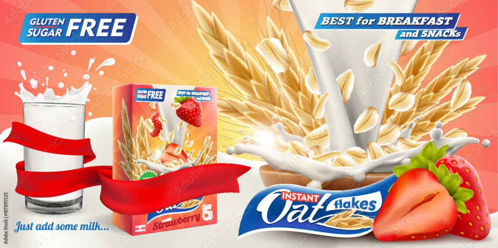 Delicious Oat flakes with raw strawberry and big milk splash in glass ...