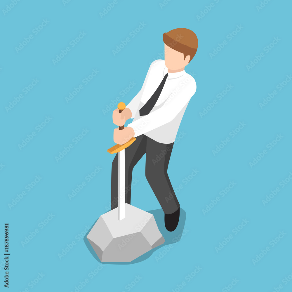 Isometric businessman trying to pull sword from stone. Stock Vector ...
