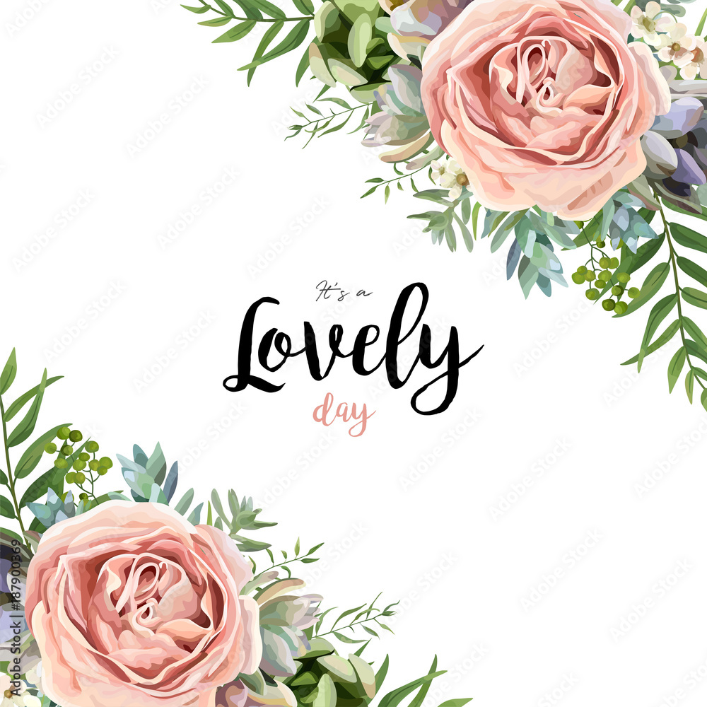 Vector floral card frame bouquet design with garden pink peach lavender ...