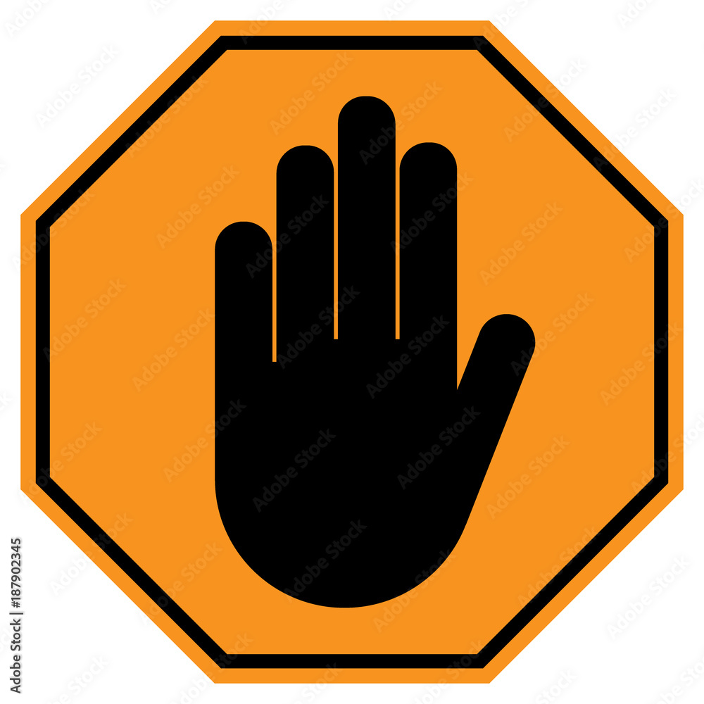 NO ENTRY sign. STOP HAND gesture in yellow octagon. Vector icon.. Stock ...