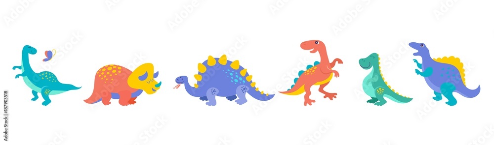 Dinosaurs collection and banner, cute illustrations of prehistoric ...